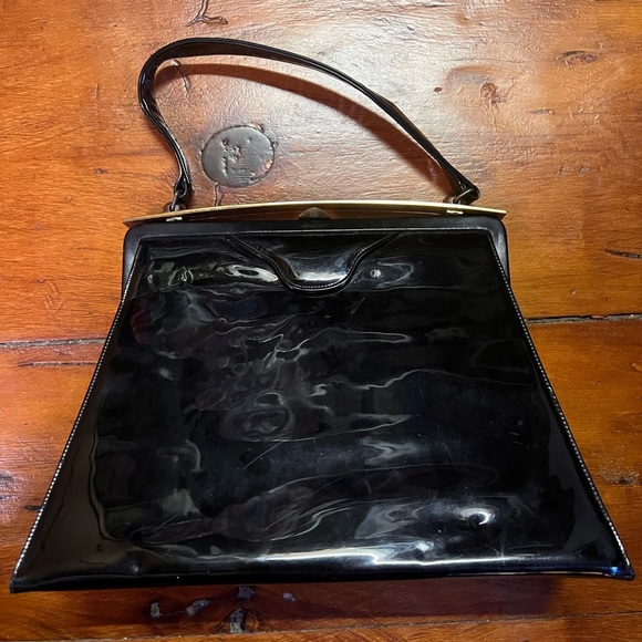 lewis | Bags | Lewis Vintage Patent Leather Black Evening Purse Gold ...